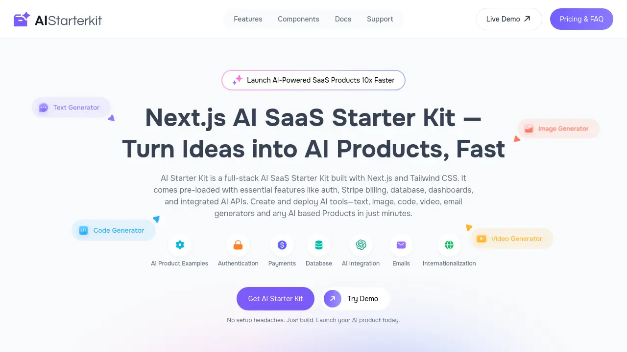 AI Starter Kit - Launch AI-Powered SaaS Products 10x Faster.